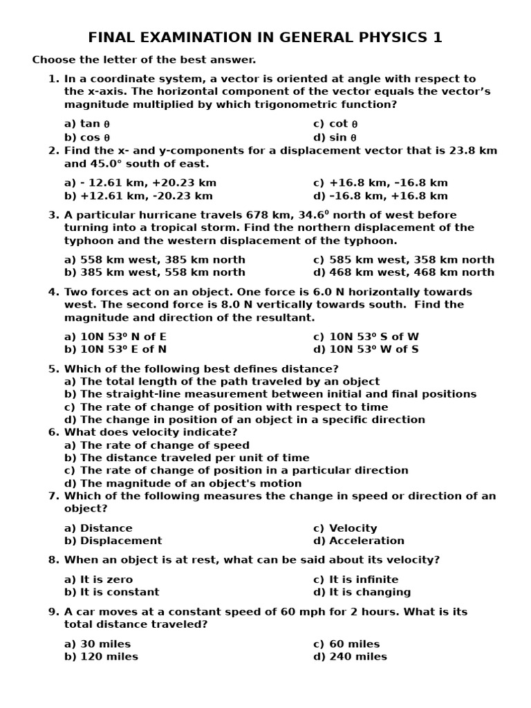 General Physics 1 Final Exam Questions | PDF | Acceleration | Velocity