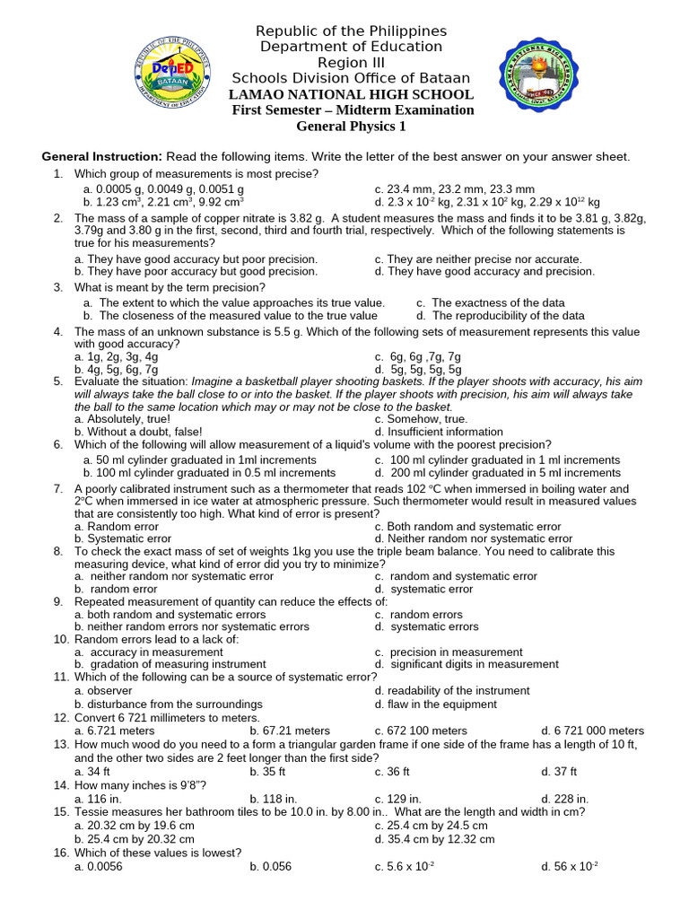 Midterm Exam in General Physics 1 | PDF | Observational Error ...