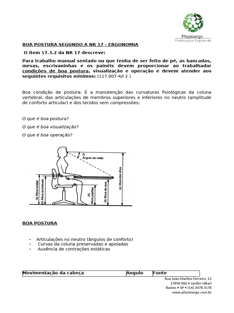Boa Postura Conforme NR 17 - Ergonomia Physioergo | PDF | Sistema Locomotor
