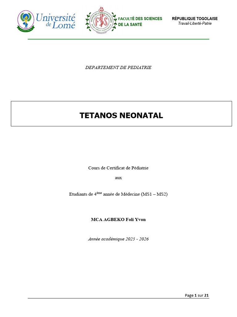 Comprendre le Tétanos Néonatal | PDF | Spécialités médicales