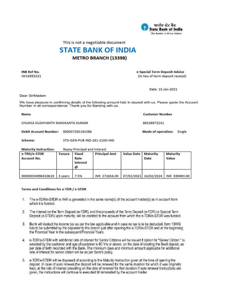 SBI e-Special Term Deposit Details | PDF