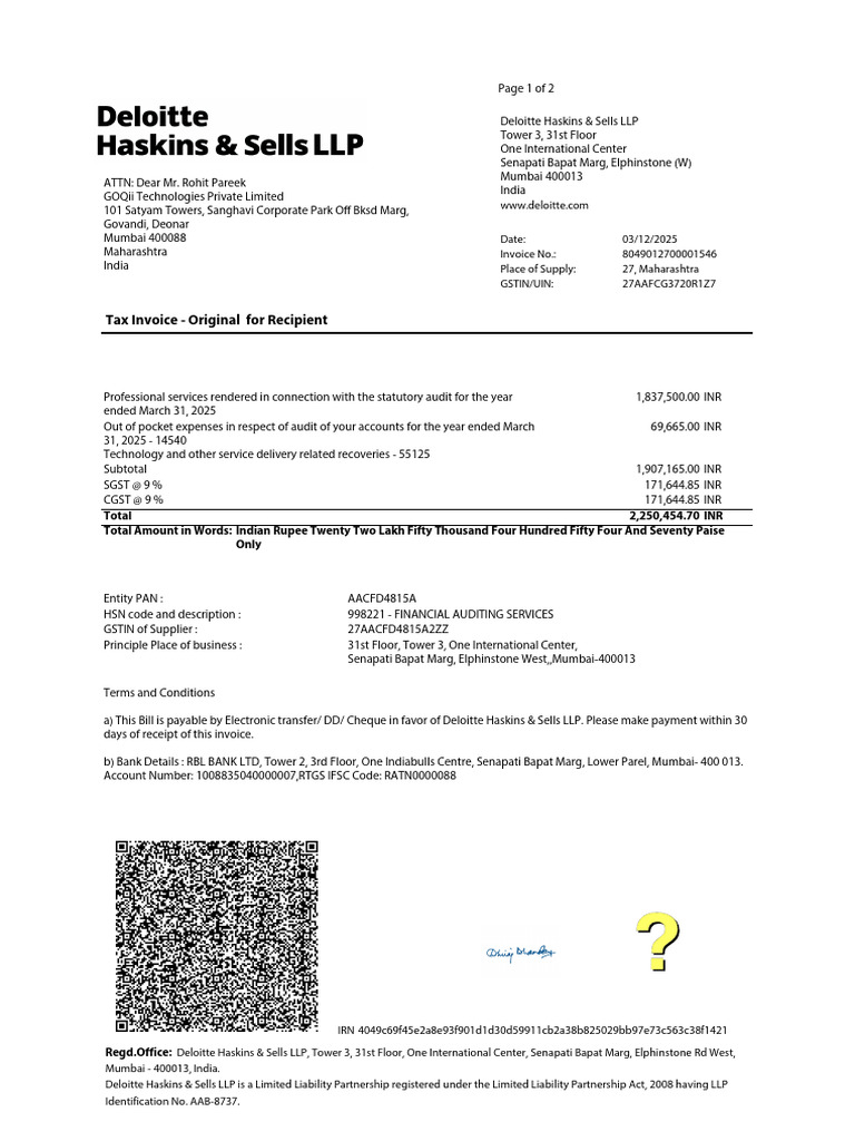 Deloitte Audit Invoice for GOQii 2025 | PDF | Limited Liability ...