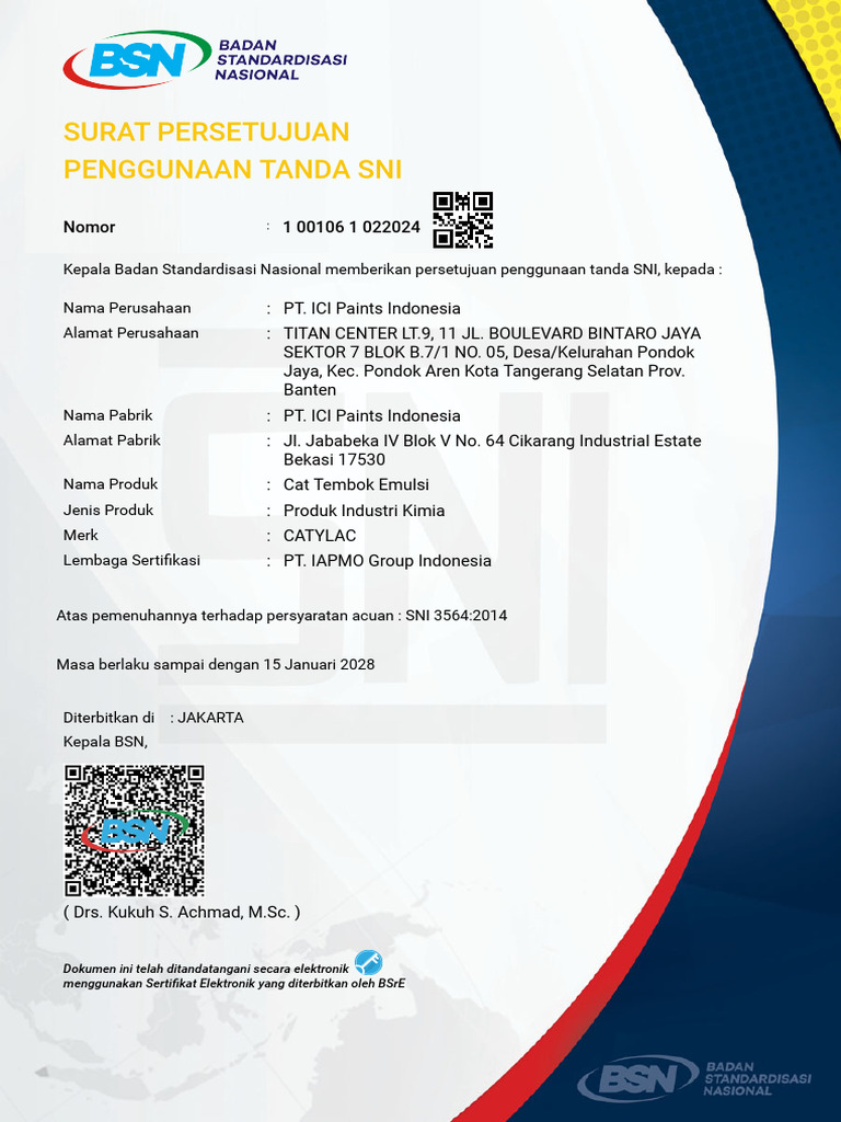 Persetujuan SNI PT. ICI Paints Indonesia | PDF