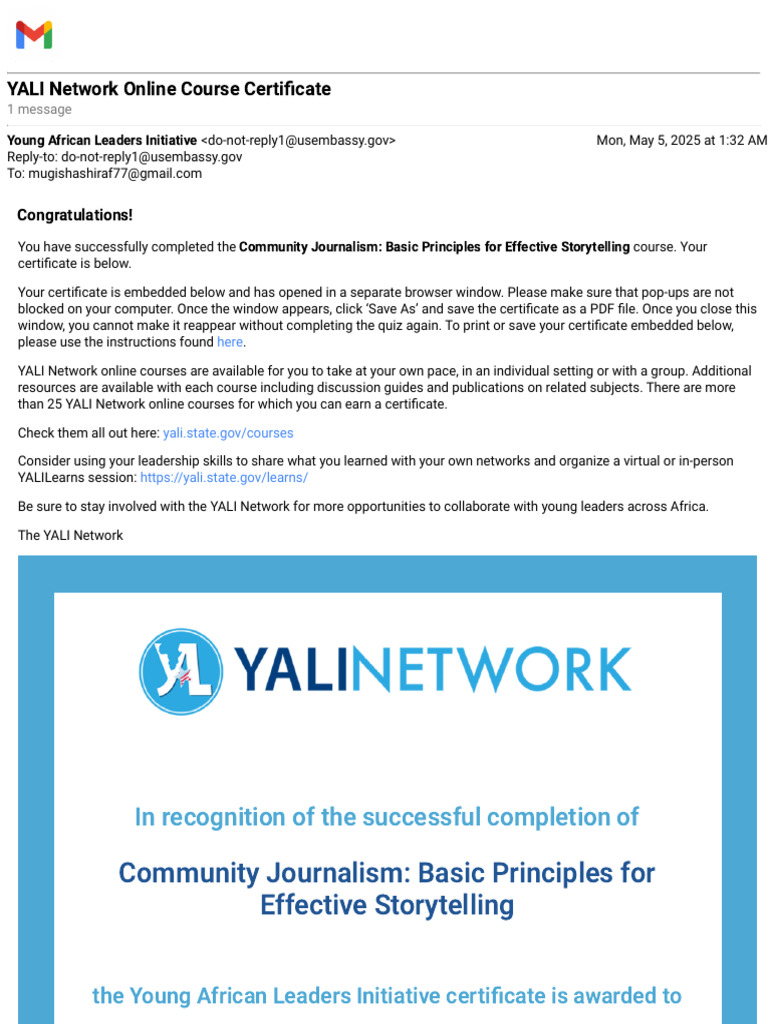Gmail - YALI Network Online Course Certificate | PDF