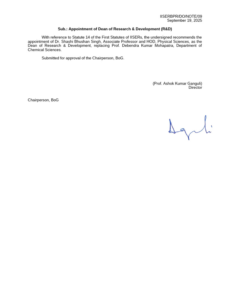 Appointment of Dean R&D at IISERBPR | PDF