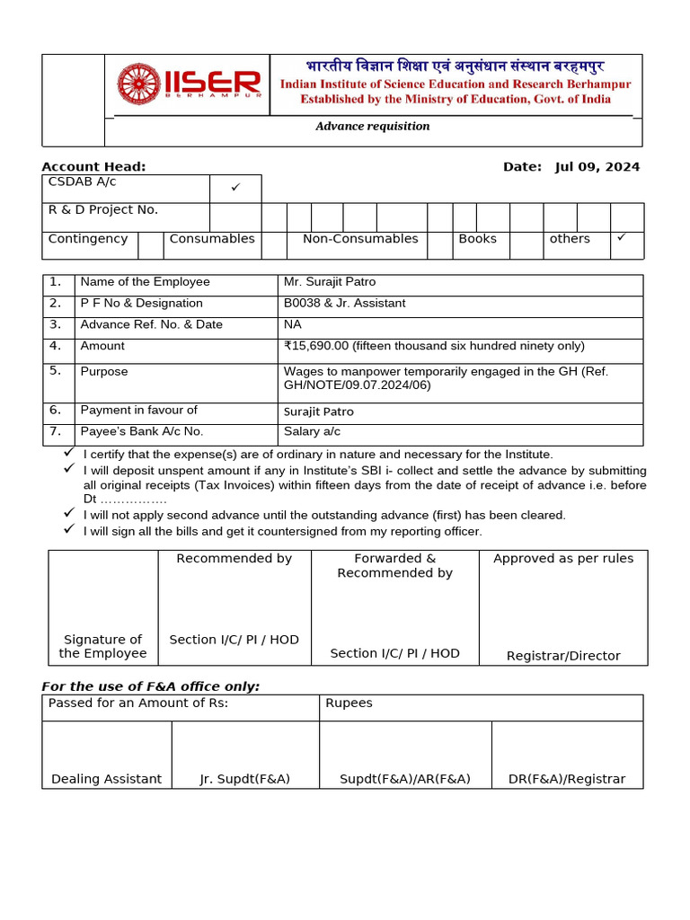 Advance Request Form | PDF