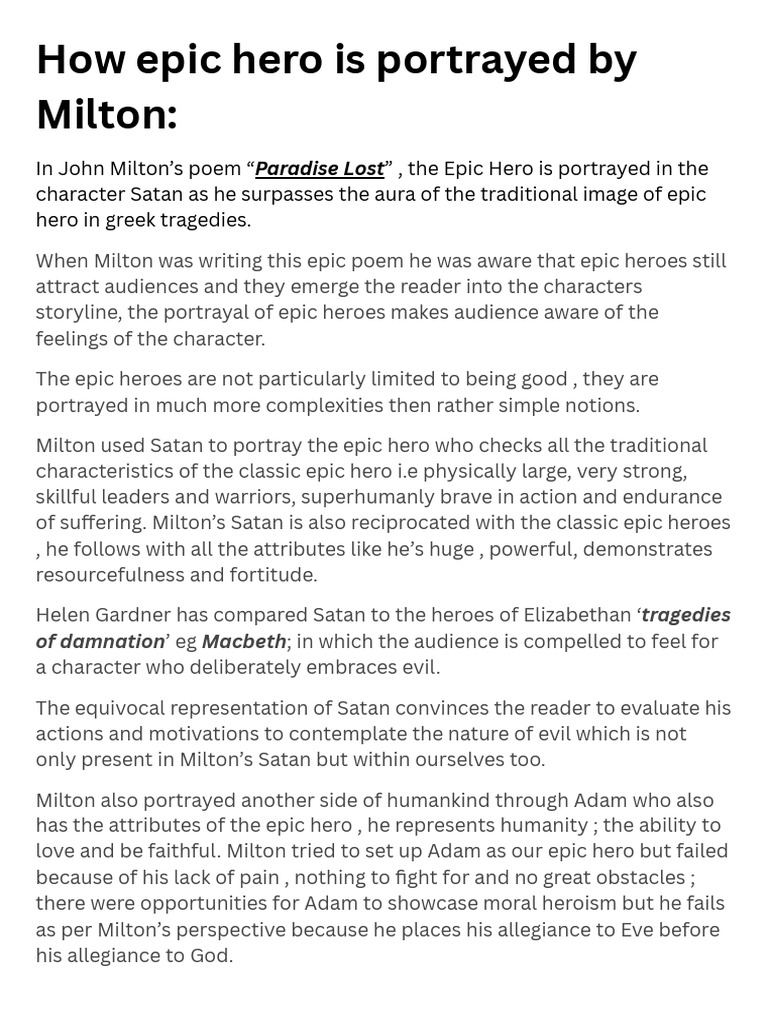 Milton's Complex Epic Heroes: Adam and Satan | PDF