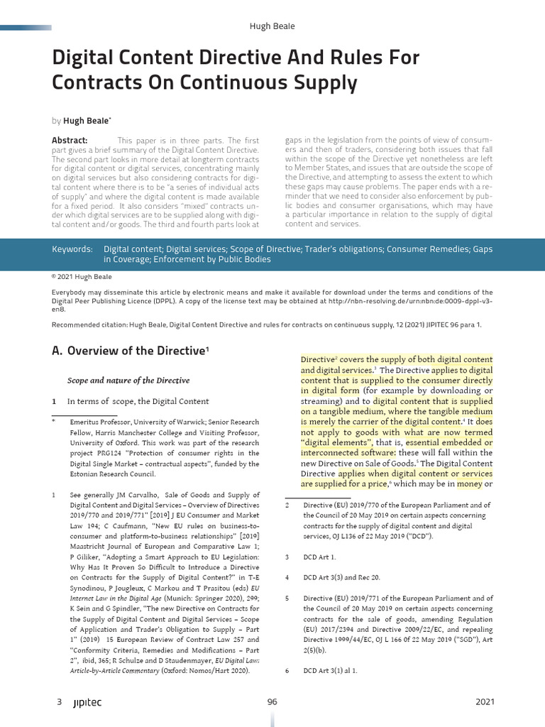 Beale H, Digital Content Directive and Rules for Contracts on ...