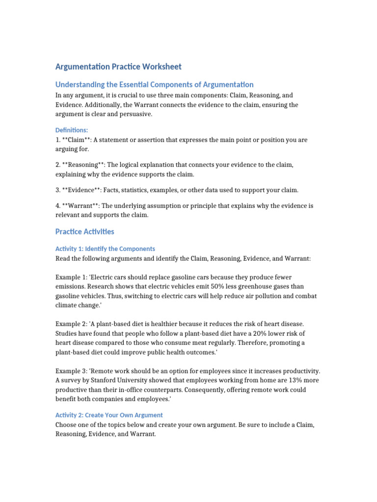 Argumentation Components Practice Worksheet | PDF | Argument | Evidence