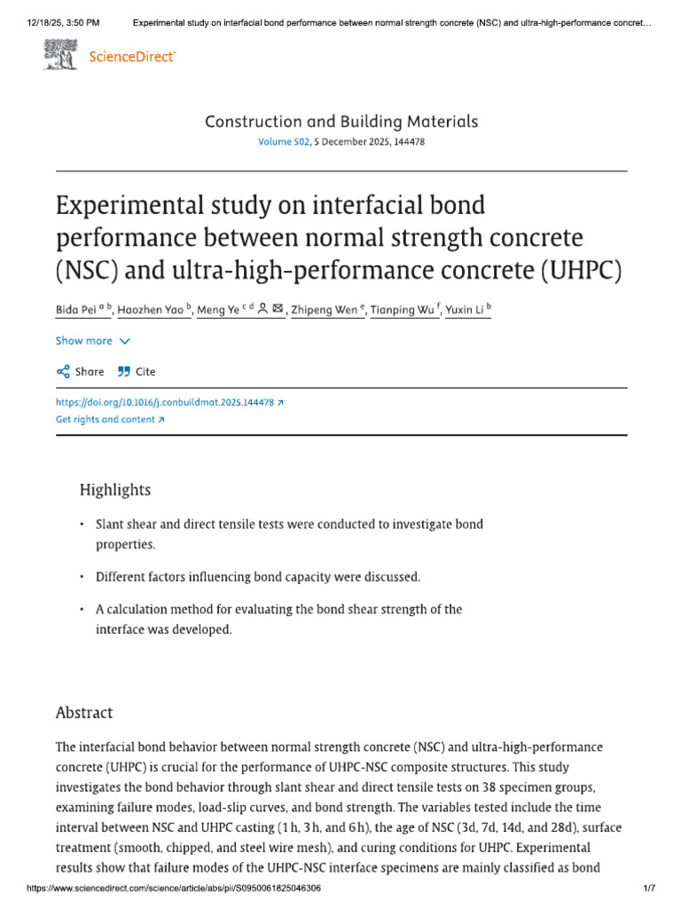 Interfacial Bond NSC and UHPC | PDF