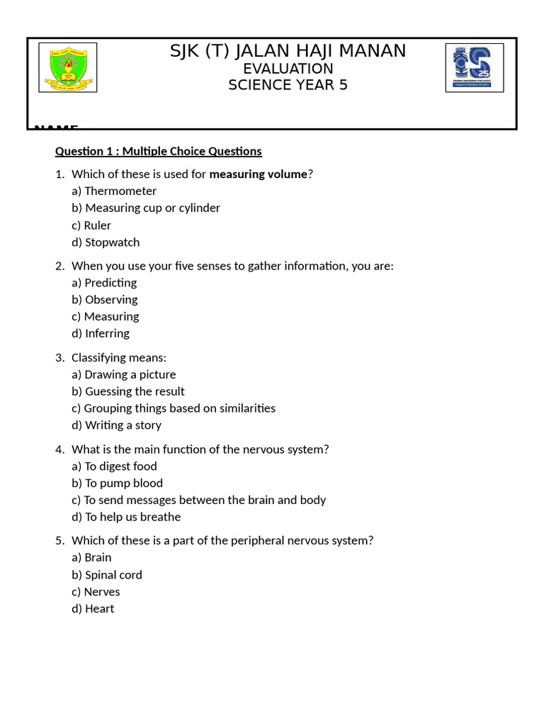 Science Year 5 Evaluation Questions | PDF | Water | Lung