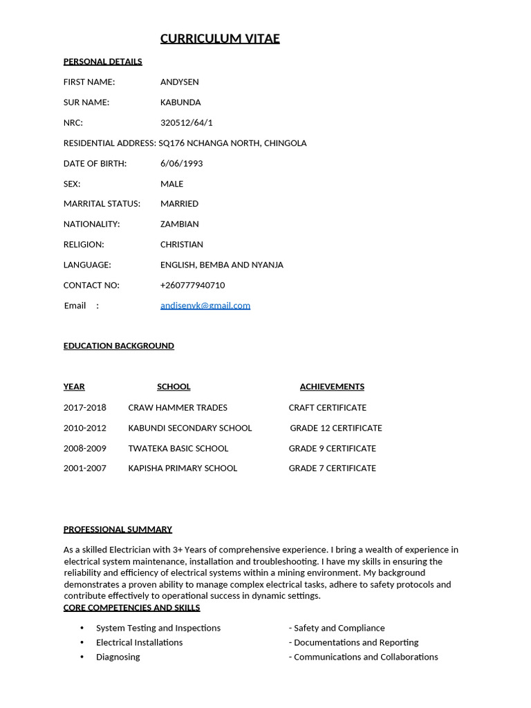 Curriculum Vitae Andysen | PDF | Electrician | Zambia
