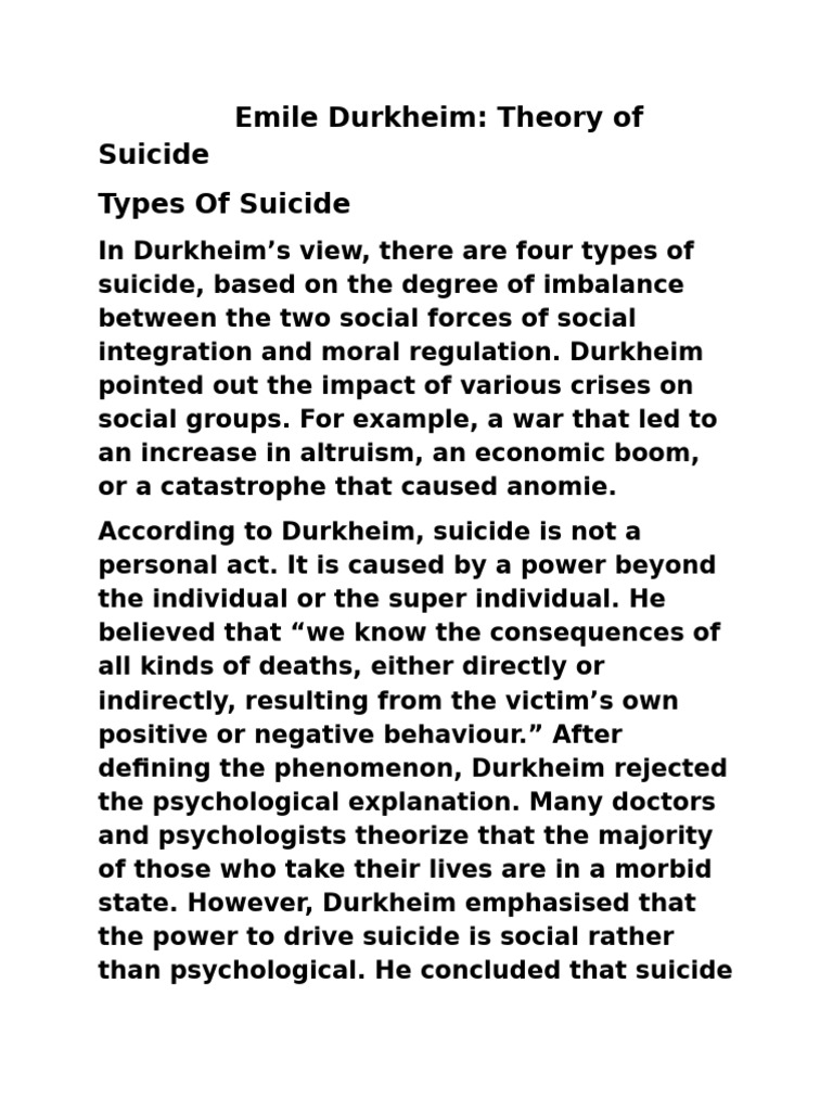 Emile Durkheim Theory of Suicide | PDF | Behavioural Sciences | Psychology