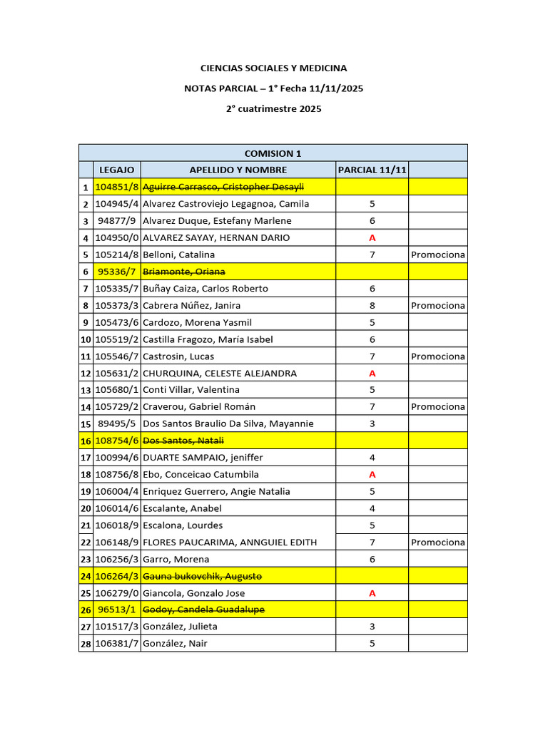 Publicación Notas Parcial - 1era Fecha 11-11-2025 | PDF