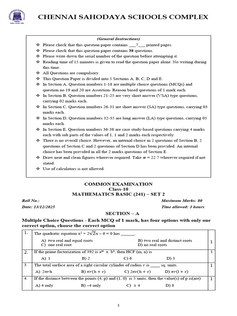 QP Mathematics (Basic 241) 10 Common Examination Set 2 | PDF | Circle | Triangle