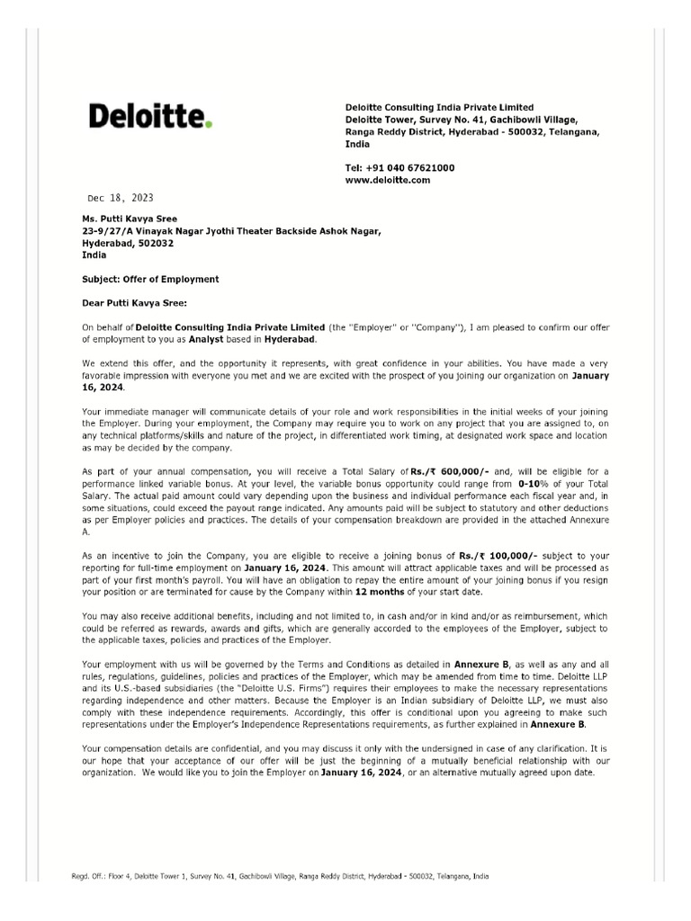 Deloitte Offer Letter | PDF