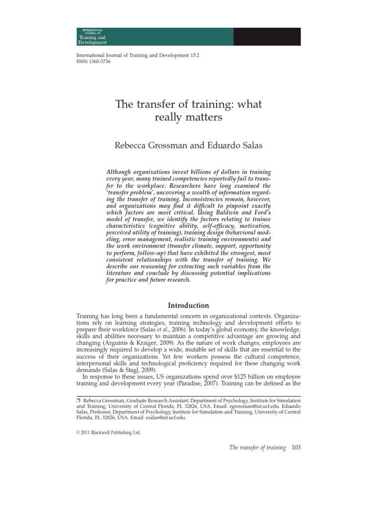 Key Factors in Training Transfer | PDF | Self Efficacy | Goal Setting