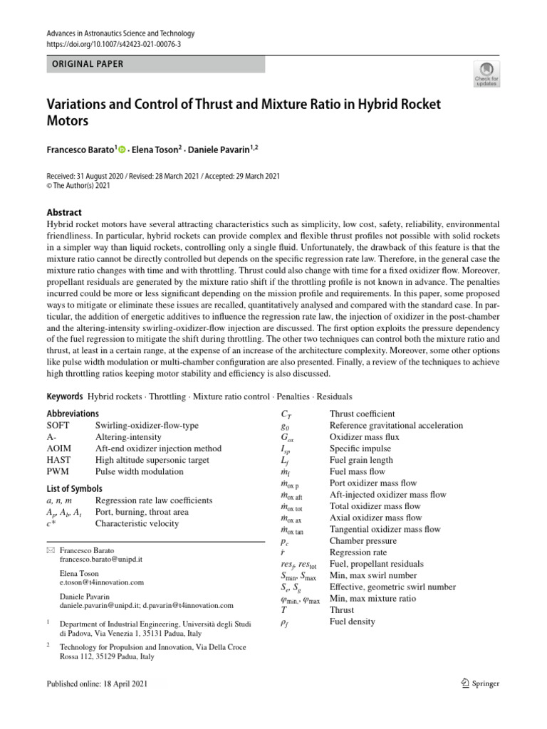 Hybrid Rocket Thrust Control Techniques | PDF | Rocket Engine | Rocket ...