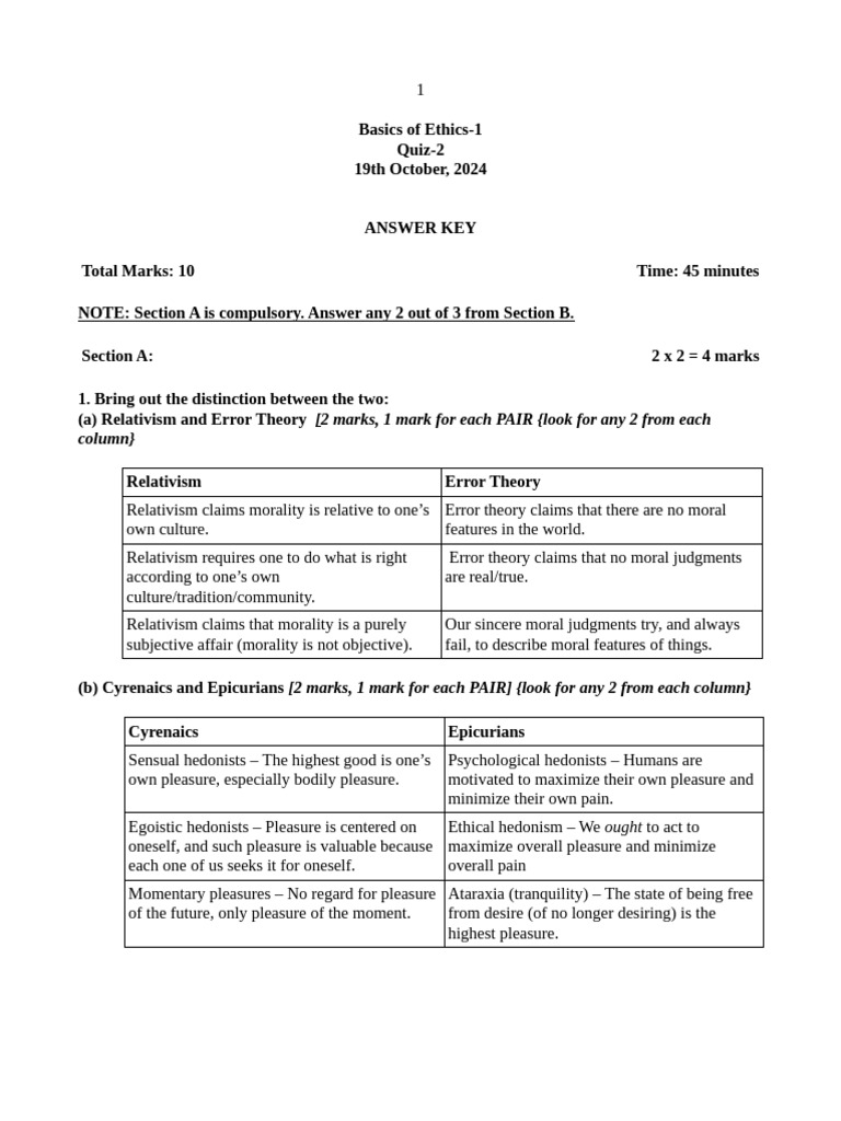 Ethics Quiz Answer Key Overview | PDF | Hedonism | Pleasure