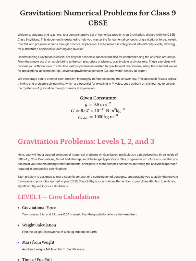 Gravitation Numerical Problems for Class 9 CBSE (1) | PDF | Buoyancy ...