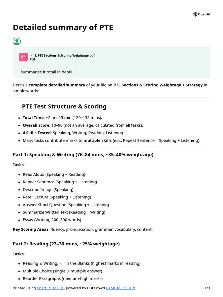 PTE Test Structure & Scoring Guide | PDF | Multiple Choice | Written ...