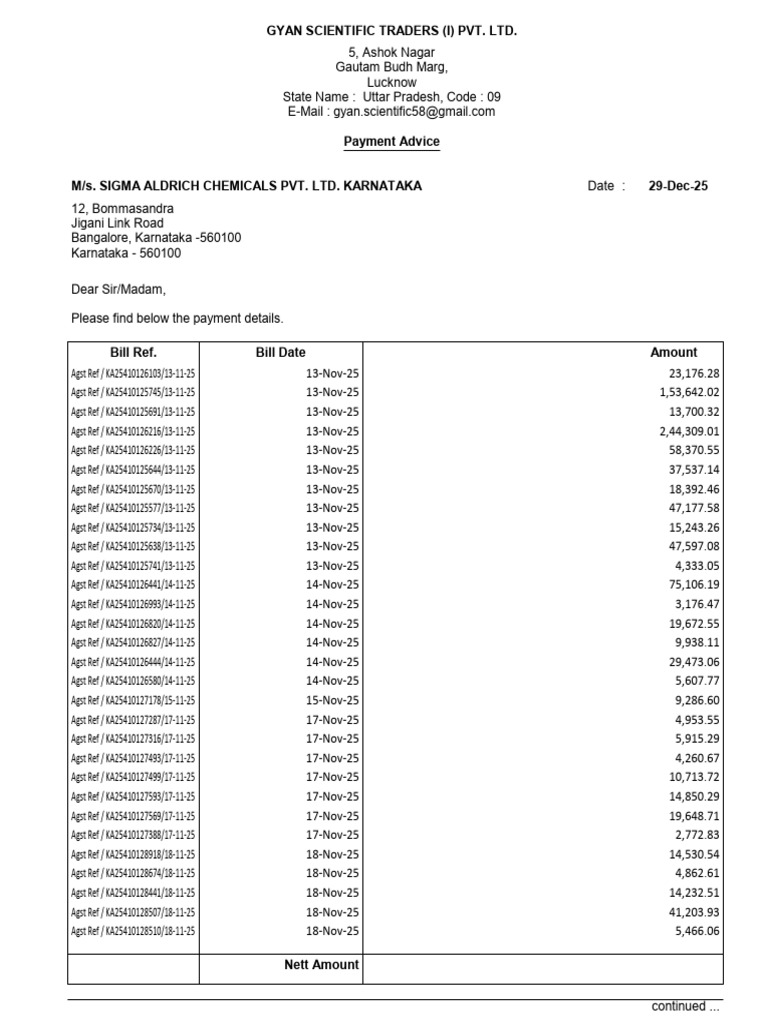 Payment Advice for Sigma Aldrich | PDF