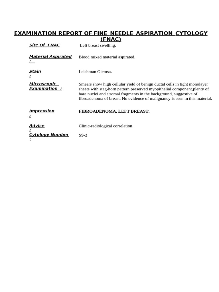 FNAC Report: Left Breast Fibroadenoma | PDF