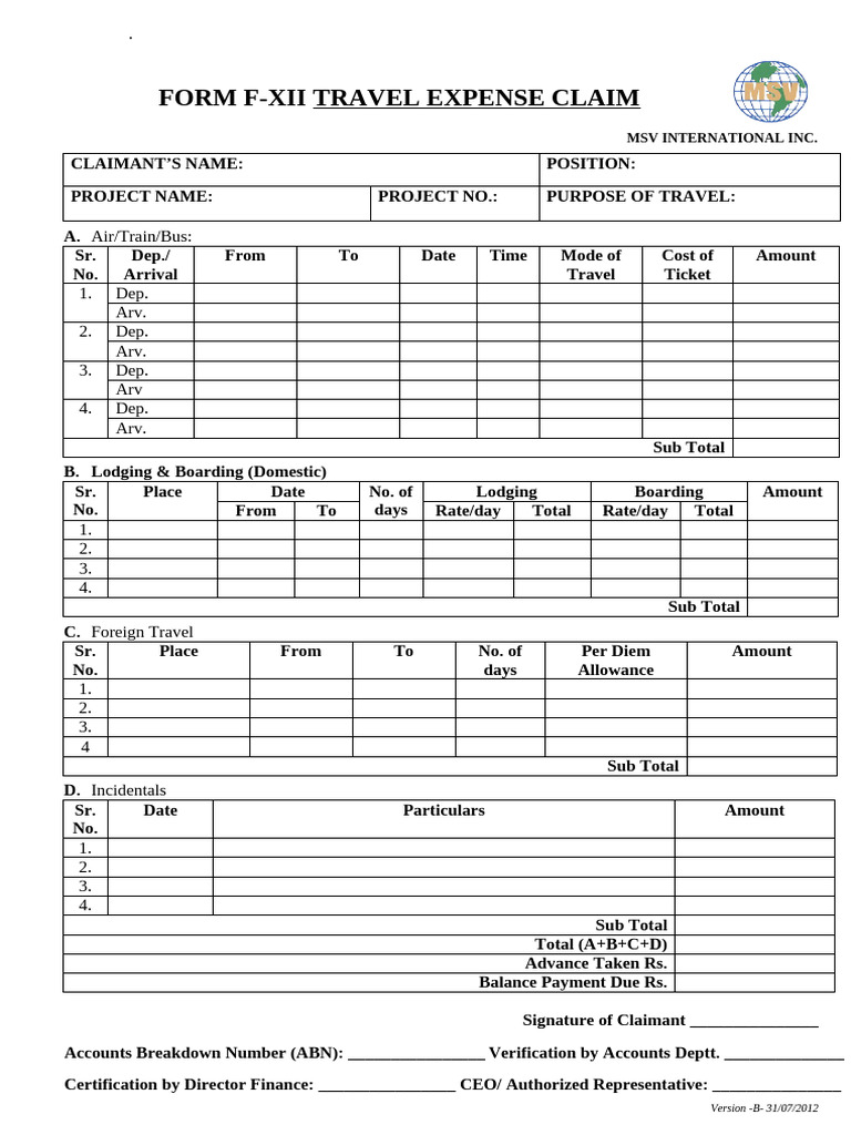 Travel Expense Claim Form F-XII | PDF