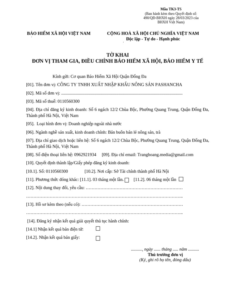 Mau TK3 TS To Khai Don Vi Tham Gia Dieu Chinh BHXH BHYT Theo Quyet Dinh ...