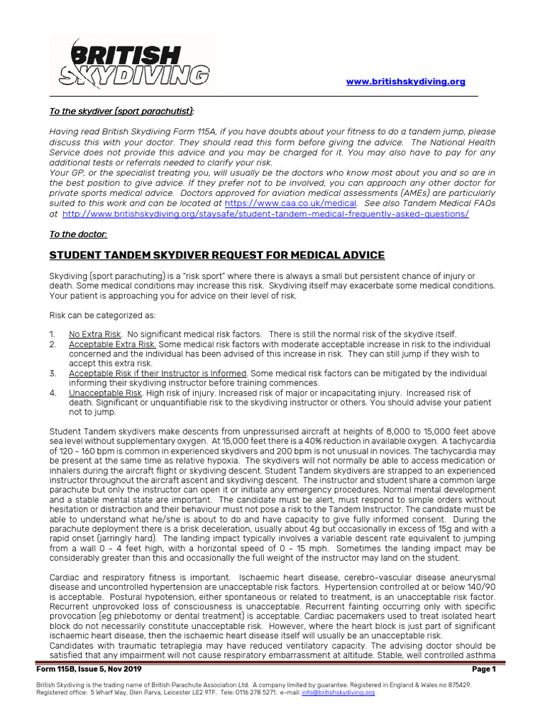Tandem Skydive Medical Advice Form | PDF | Parachuting | Medical ...