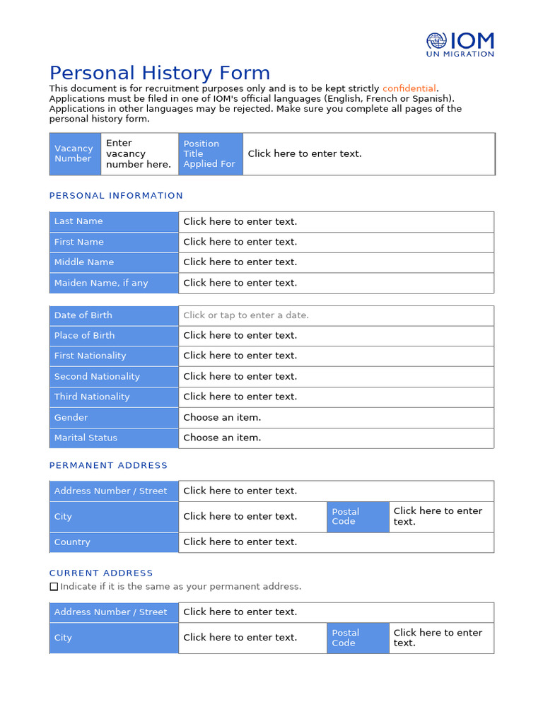 IOM Personal History Form Template | PDF | Nationality