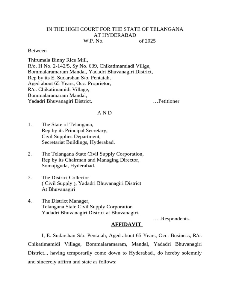 Telangana Rice Mill Writ Petition 2025 | PDF | Mandamus | Common Law