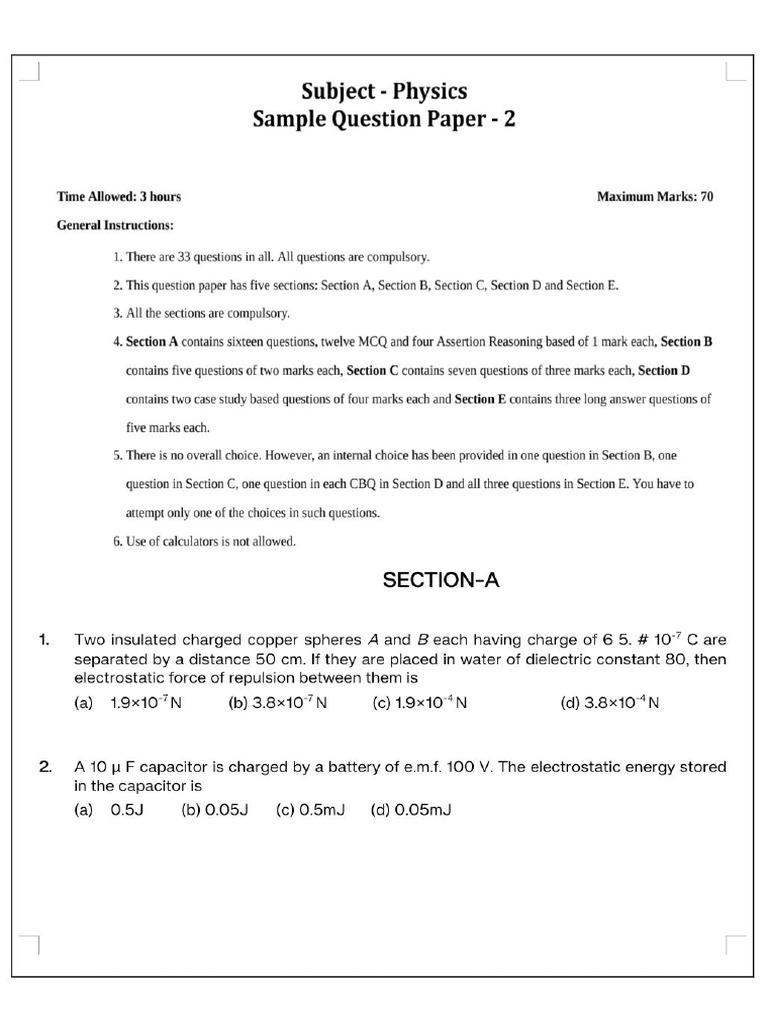 Physics Sample Paper 2 | PDF