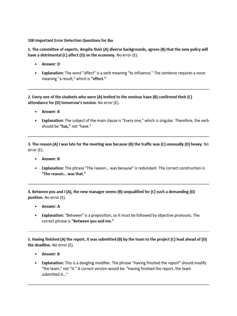 Error Detection Questions for IBA | PDF | Verb | Grammatical Number