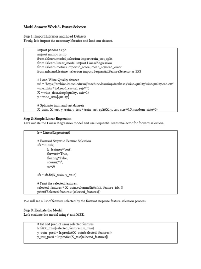 Model Answers - Week 3 - Feature Selection | PDF | Mean Squared Error ...