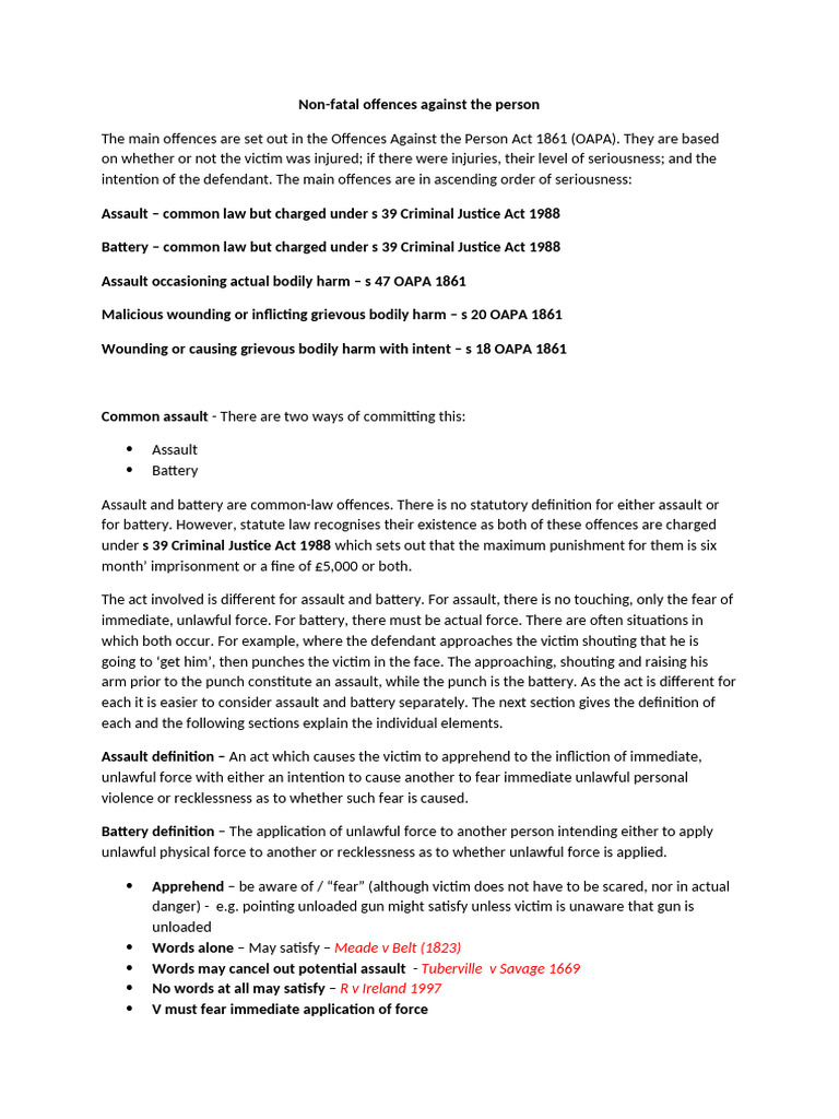 Non-Fatal Offences Against The Person | PDF | Assault | Battery (Crime)
