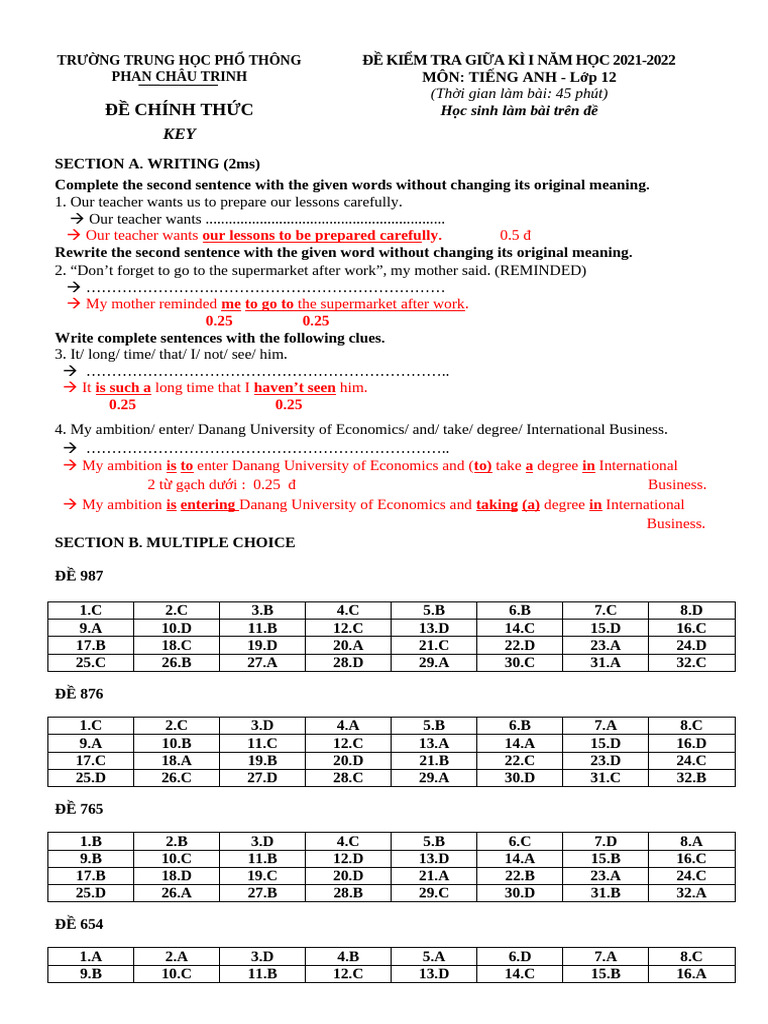 e12-Ktra Giữa Kì 1 21-22 Key- Buoi Chieu | PDF | Chess Theory | Chess