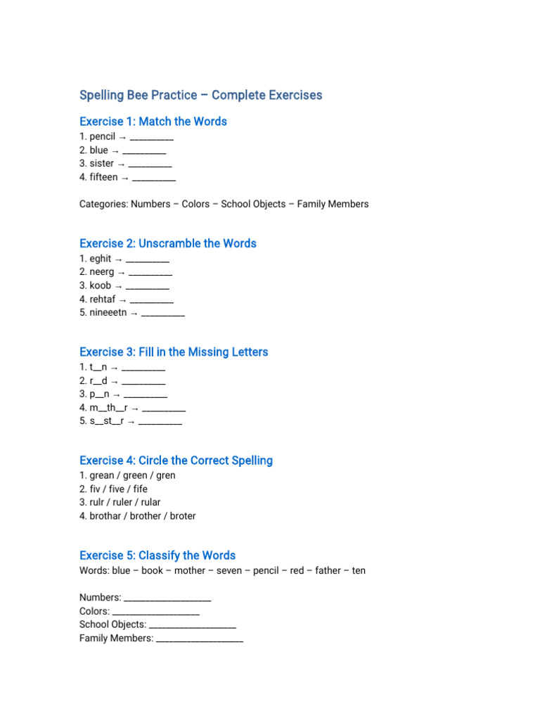 Spelling Bee Practice Exercises Guide | PDF
