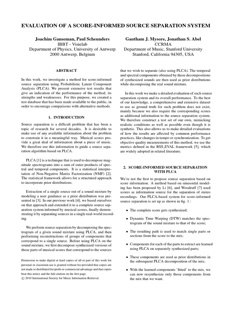 Evaluation of A Score-Informed Source Separation System | PDF | Fast ...