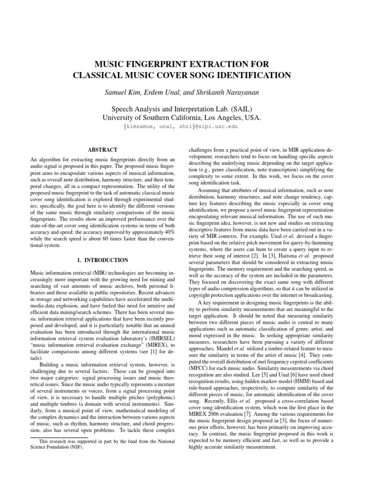 Classical Music Cover Song Fingerprinting | PDF | Covariance Matrix ...