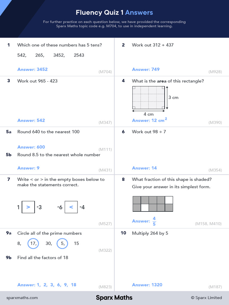 Math Fluency Quiz Answers and Solutions | PDF