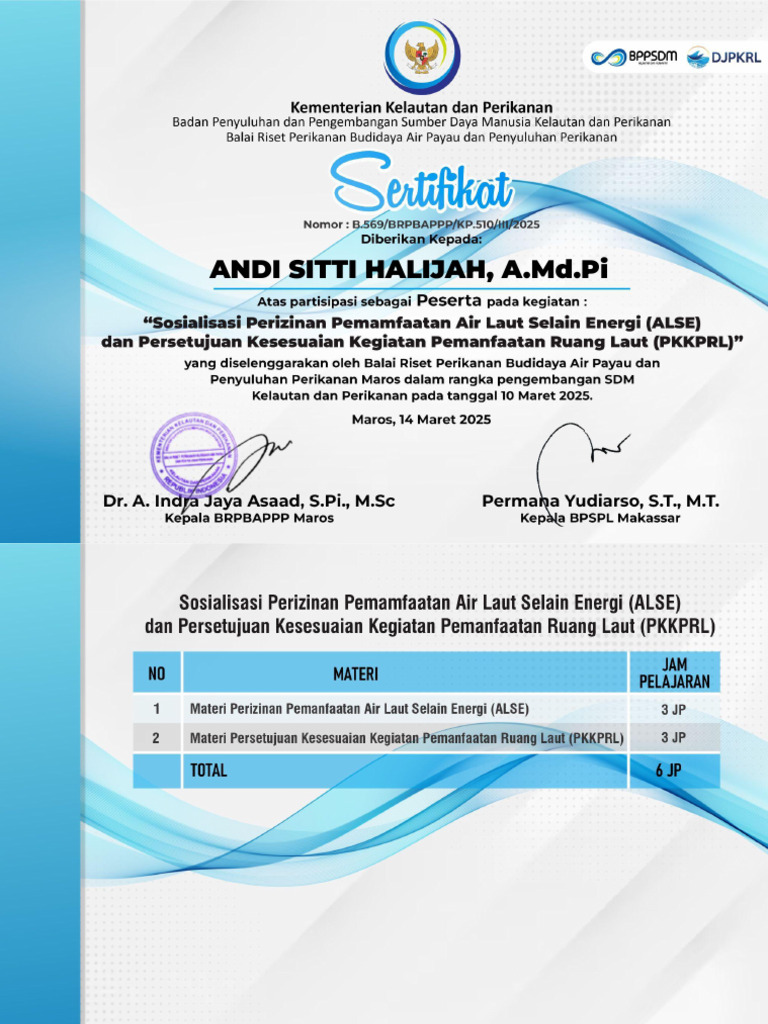 ANDI SITTI HALIJAH, A.md.Pi - Sertifikat Sosialisasi Perizinan ALSE Dan ...