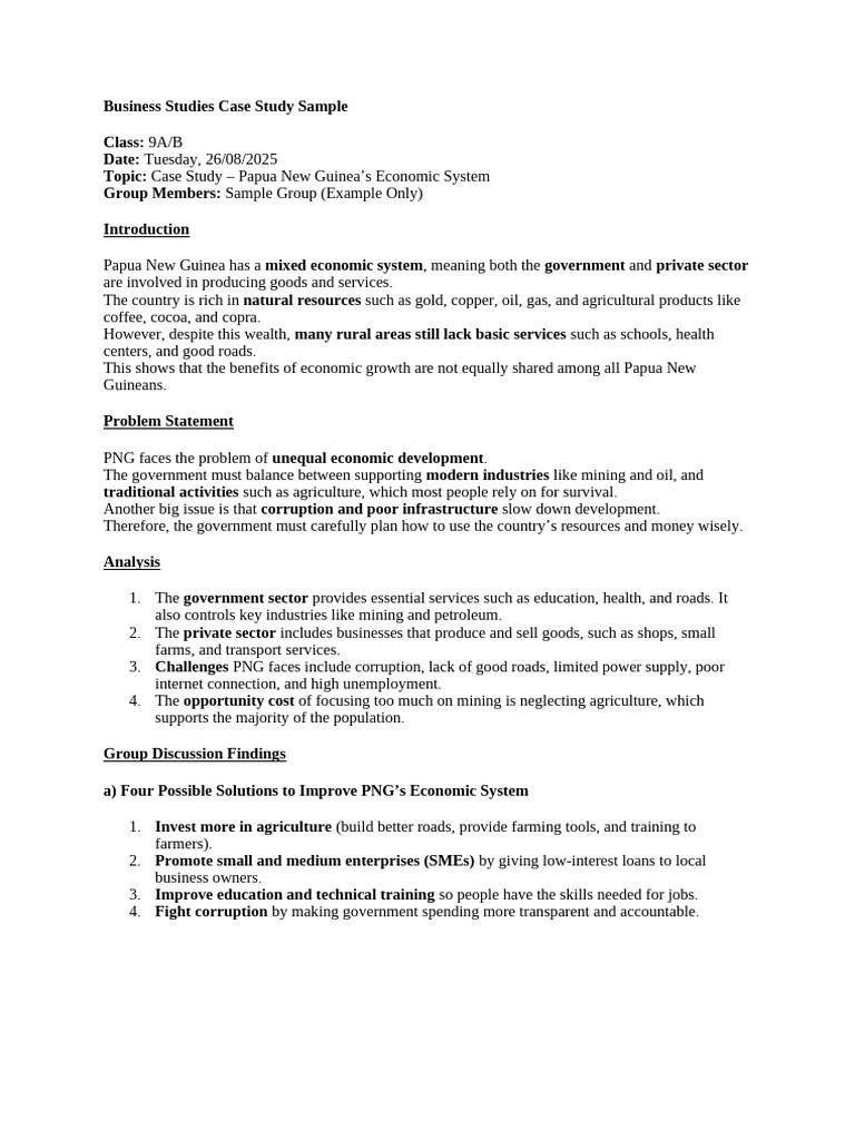 Business Studies Case Study Sample Example | PDF | Papua New Guinea ...