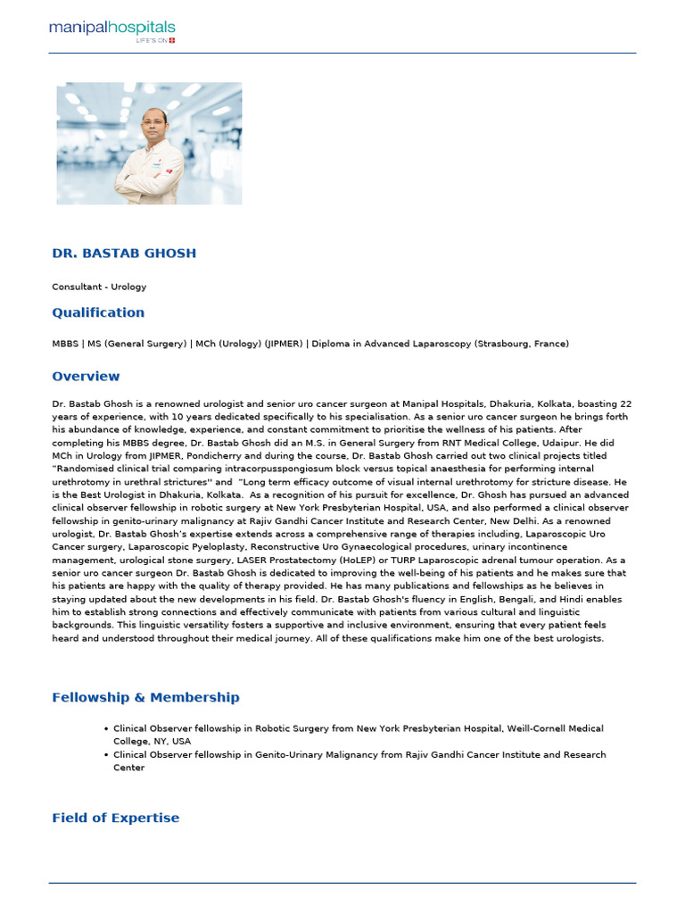 Dr. Bastab Ghosh: Urology Expert in Kolkata | PDF | Urology | Surgical ...