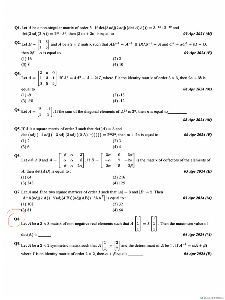 Matrices and determinant pyqs | PDF