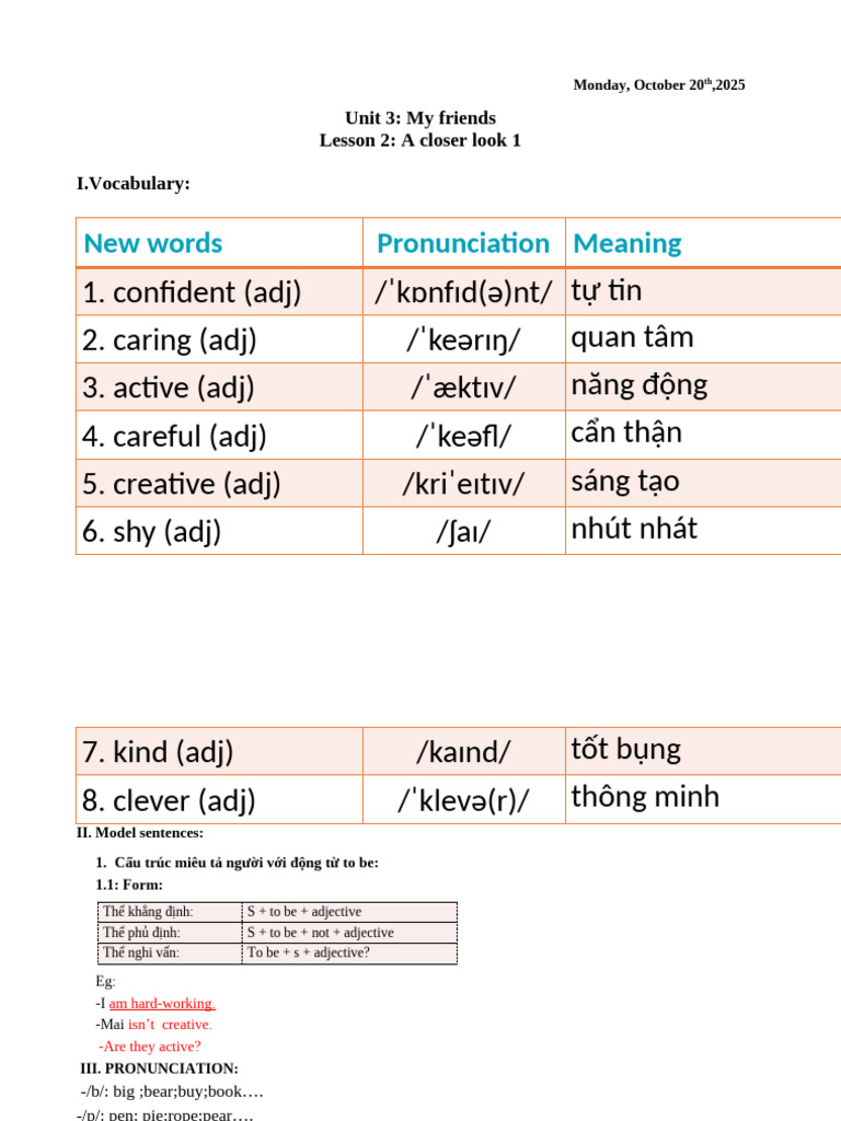 New Words Pronunciation Meaning: Unit 3: My Friends Lesson 2: A Closer ...