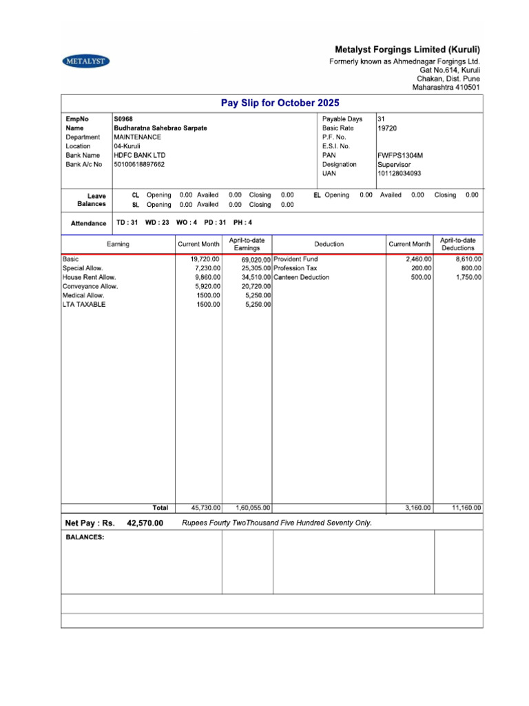 Pay Slip Oct 2025 | PDF