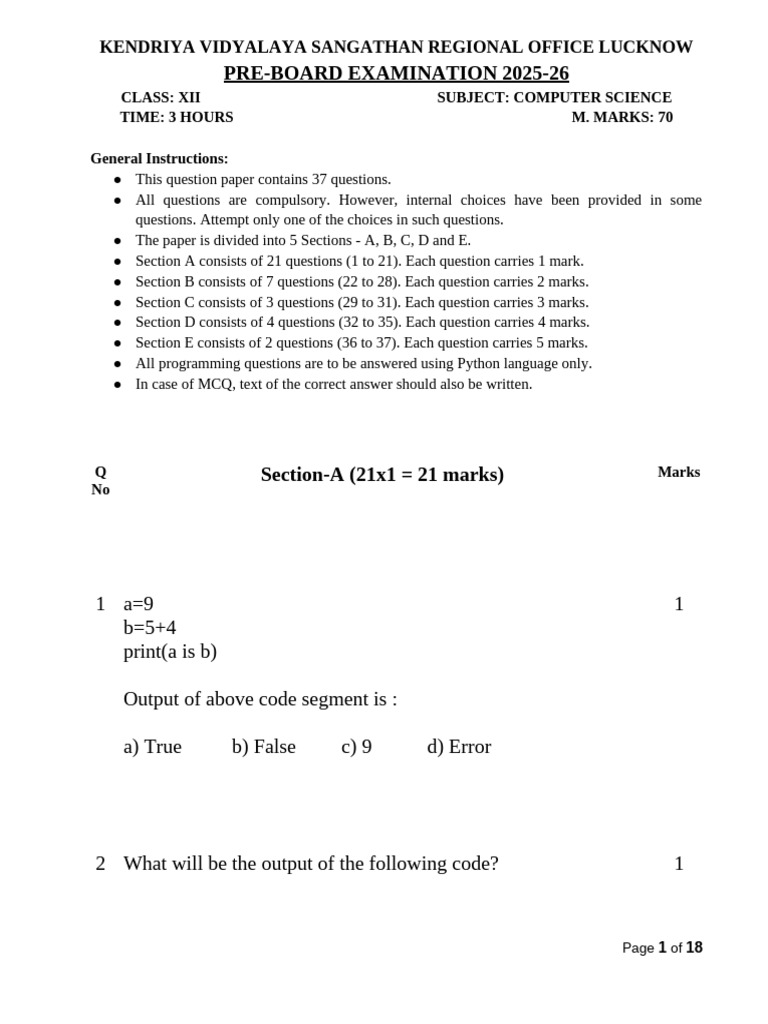 Class XII Computer Science Pre-Board Exam 2025-26 | PDF | Computer ...
