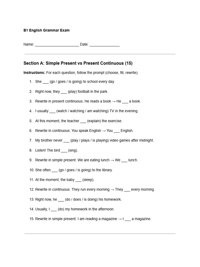 B1 English Grammar Exam Practice | PDF