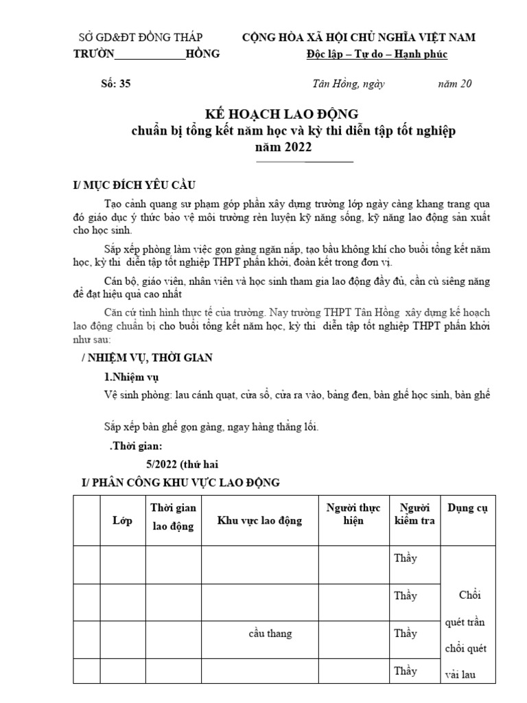 Ke Hoach Lao Dong Chuan Bi Tong Ket (1) | PDF